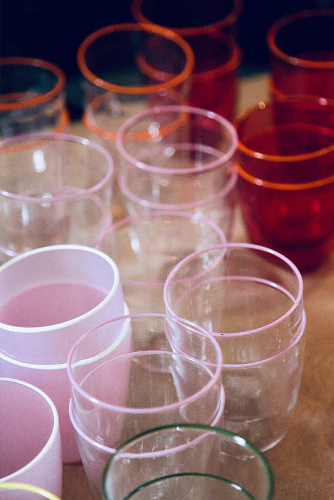 Handblown Clear Bumba Glass Tumbler with Rose Pink Rim, 30cl ...