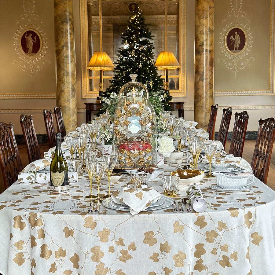 'Ivy' Screen Printed Linen Tablecloth in Gold | Christmas Linen ...